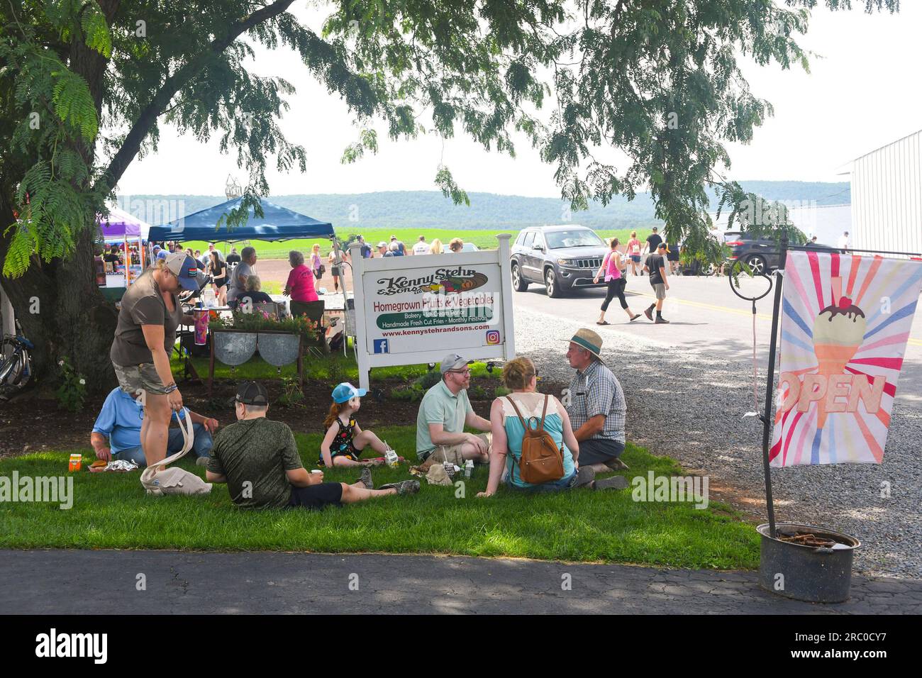 People gather in the shade under a tree at the Kenny Stehr and Sons ...