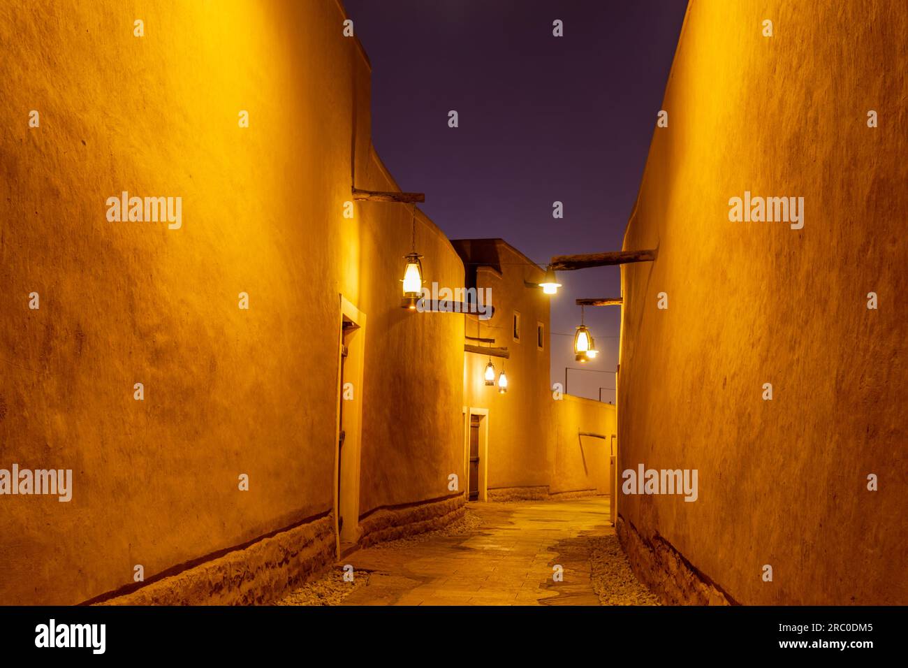 Diriyah old town traditional street illuminated at night, Riyadh, Saudi ...
