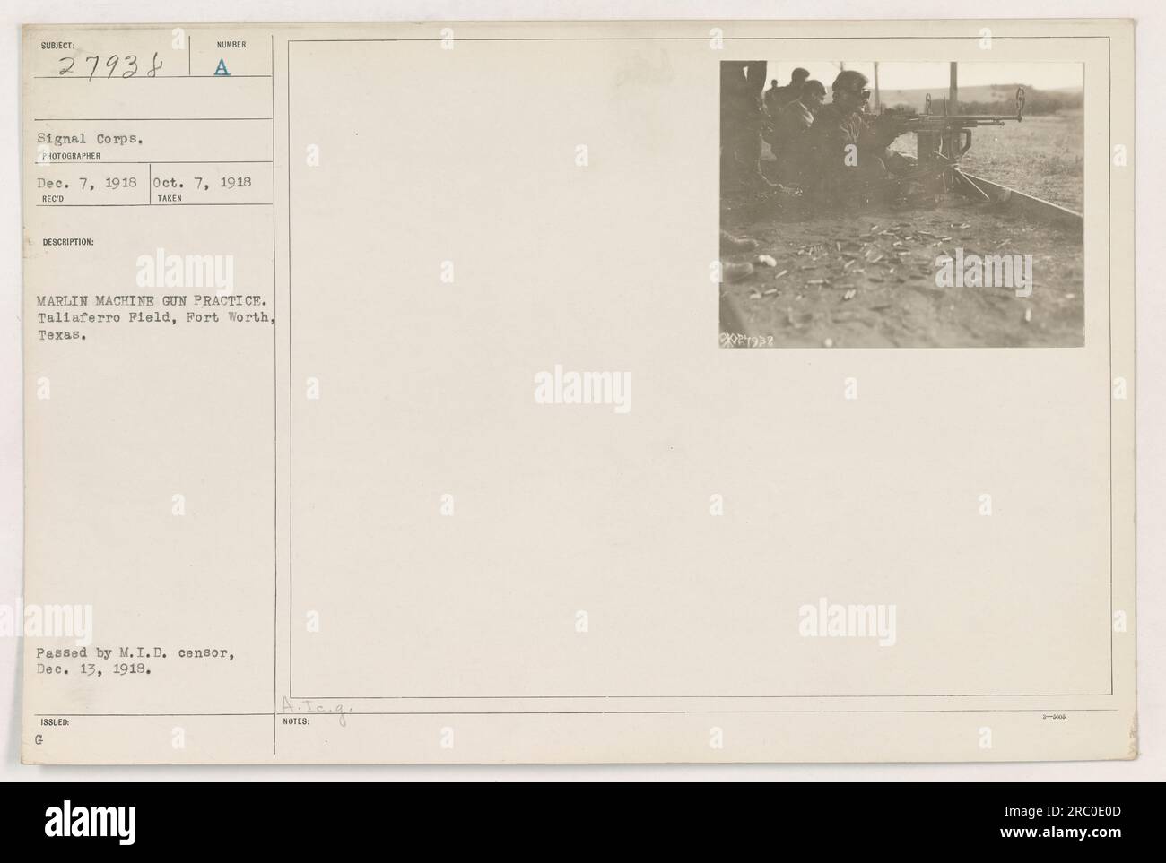 Soldiers at Taliaferro Field in Fort Worth, Texas, participating in Marlin machine gun practice ...