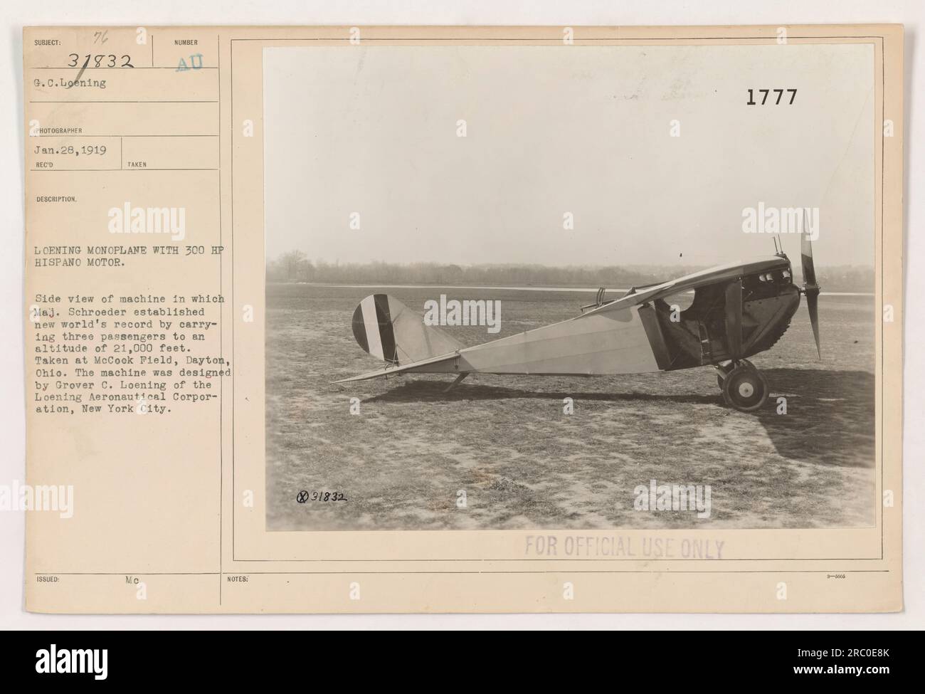 Side view of a Loening Monoplane with a 300 HP Hispano motor, taken on ...