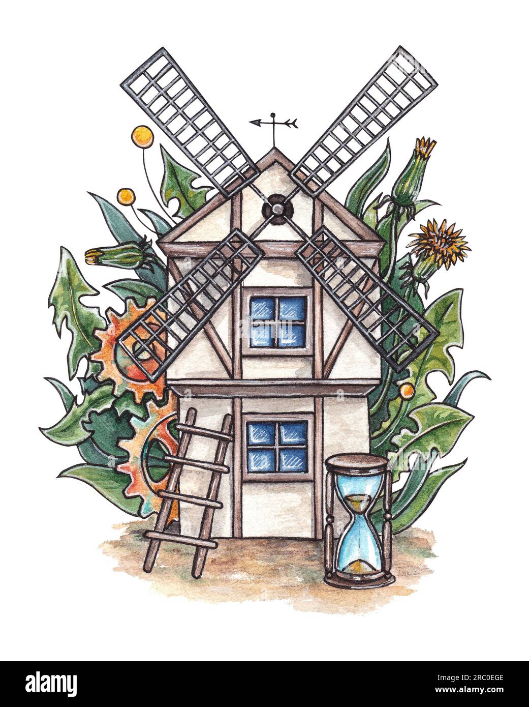 Steampunk windmill. Watercolor hand drawn illustration of a cute ...