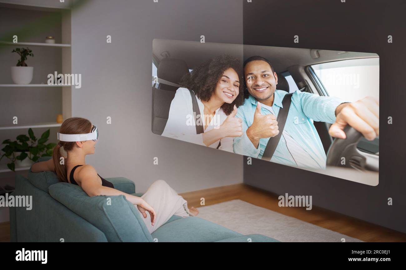 Lady In VR Glasses Talking To Friends On Screen, Collage Stock Photo ...