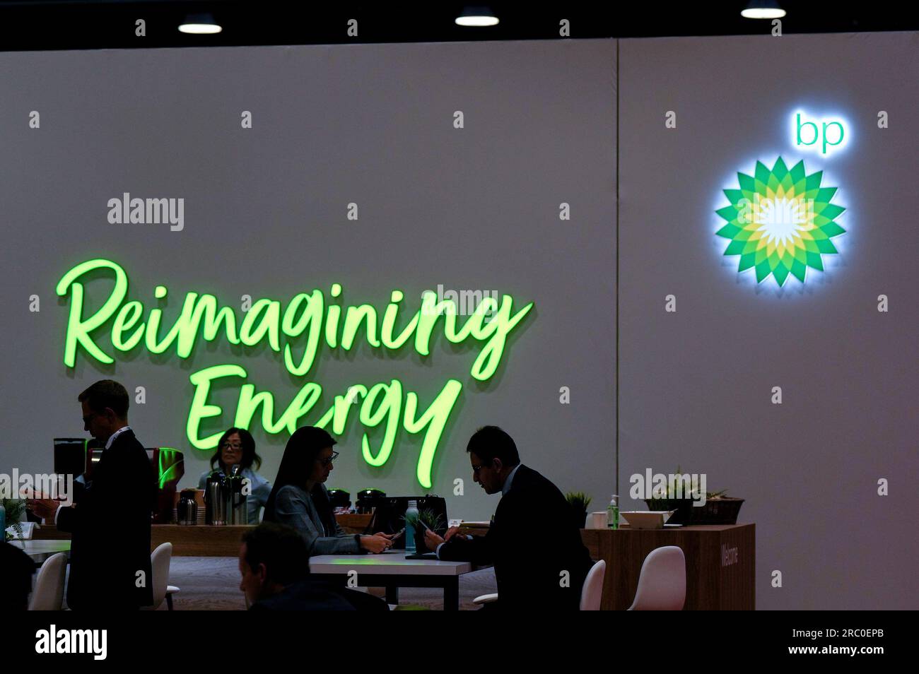 Delegates are silhouetted while meeting at the British Petroleum (BP ...