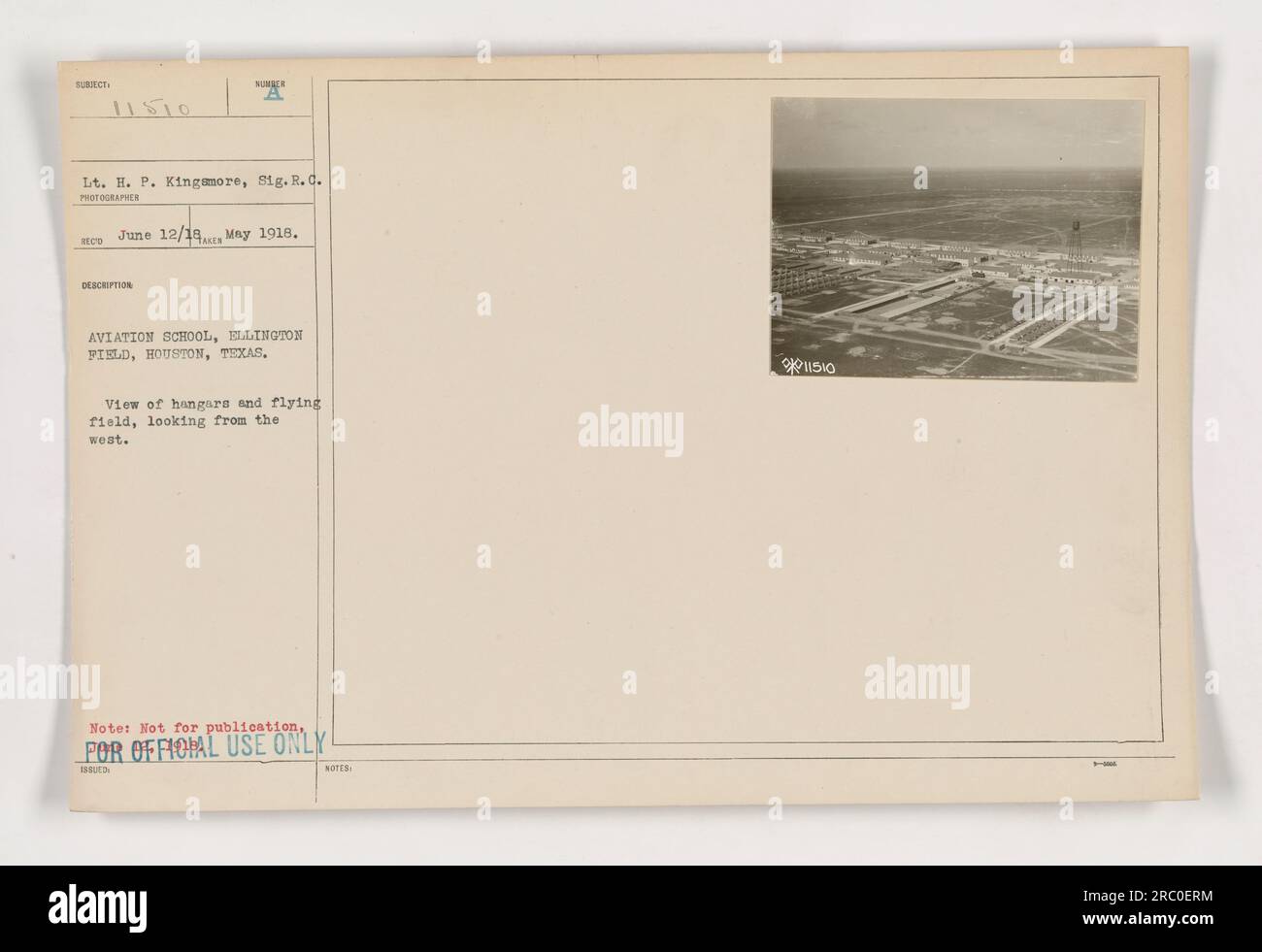 View of hangars and flying field at Ellington Field, Houston, Texas, during World War One. The ...