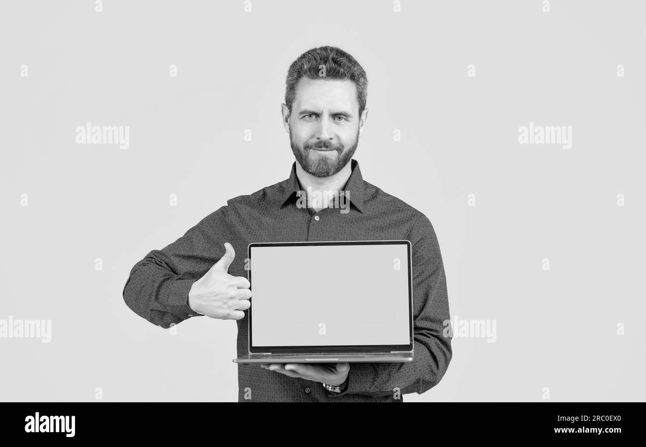 business man presenting product. presentation on computer. office ...