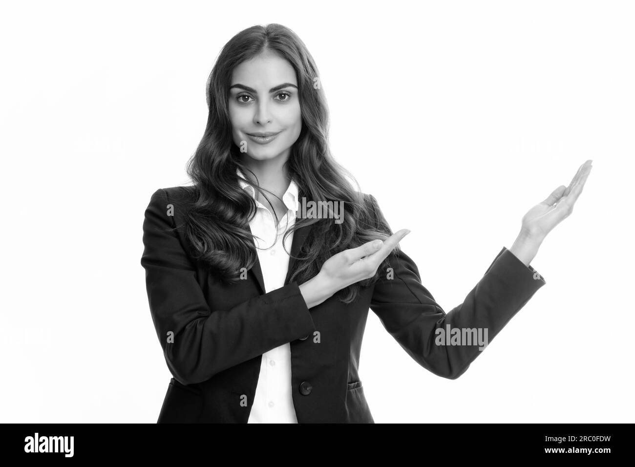 Woman point at copy space, showing copyspace pointing. Promo, girl ...