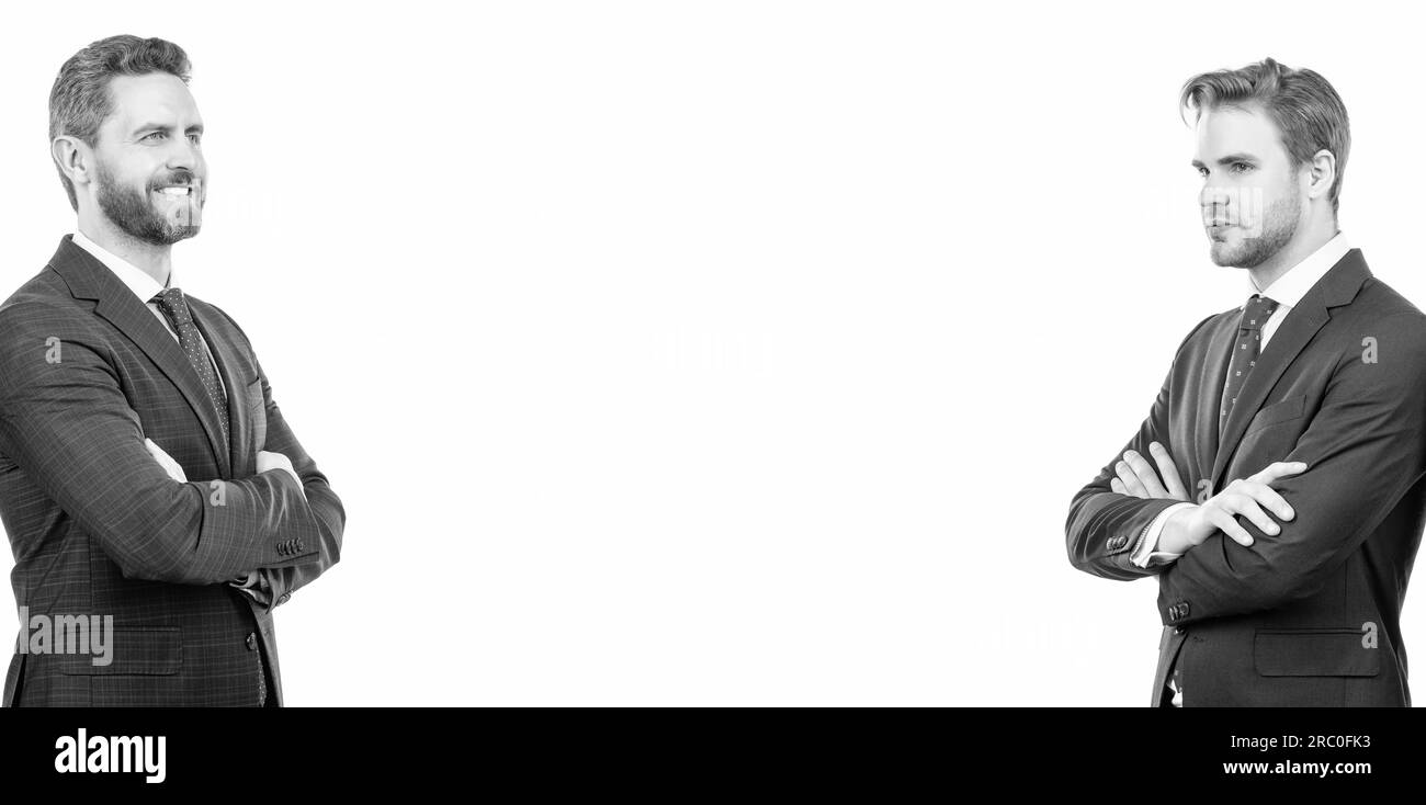 two confident business partners in suit cross hands isolated on white ...