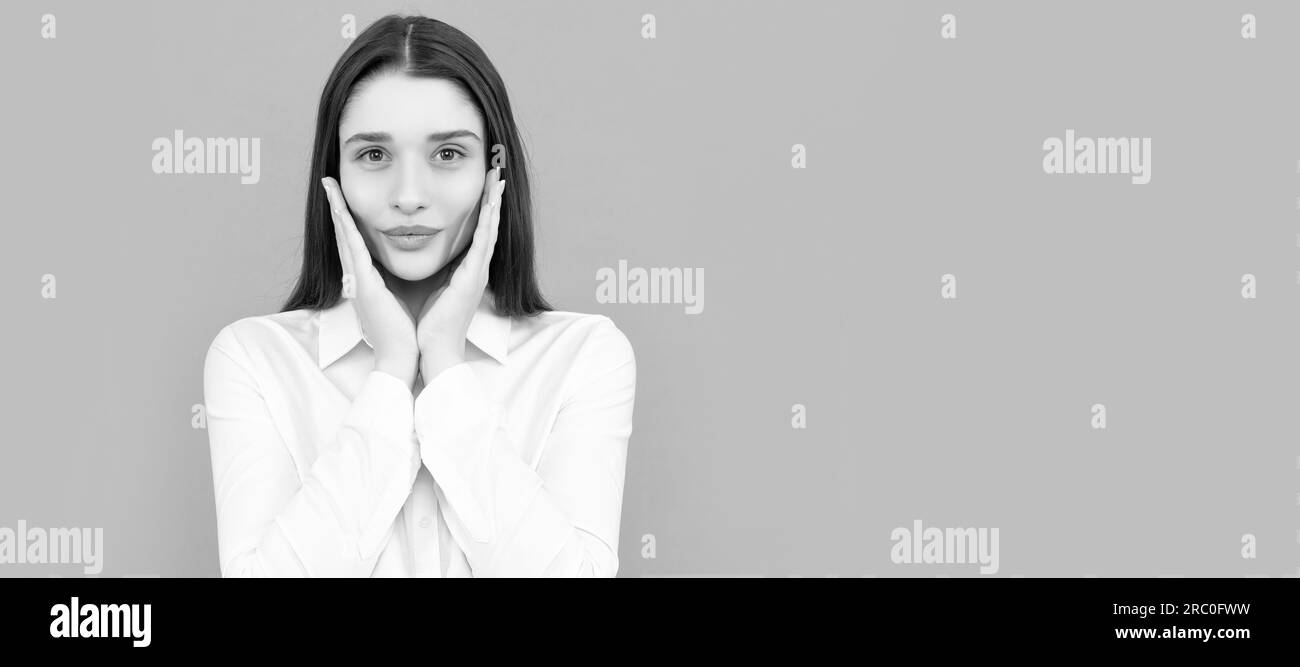 Woman isolated face portrait, banner with mock up copy space. skincare concept. cute ...