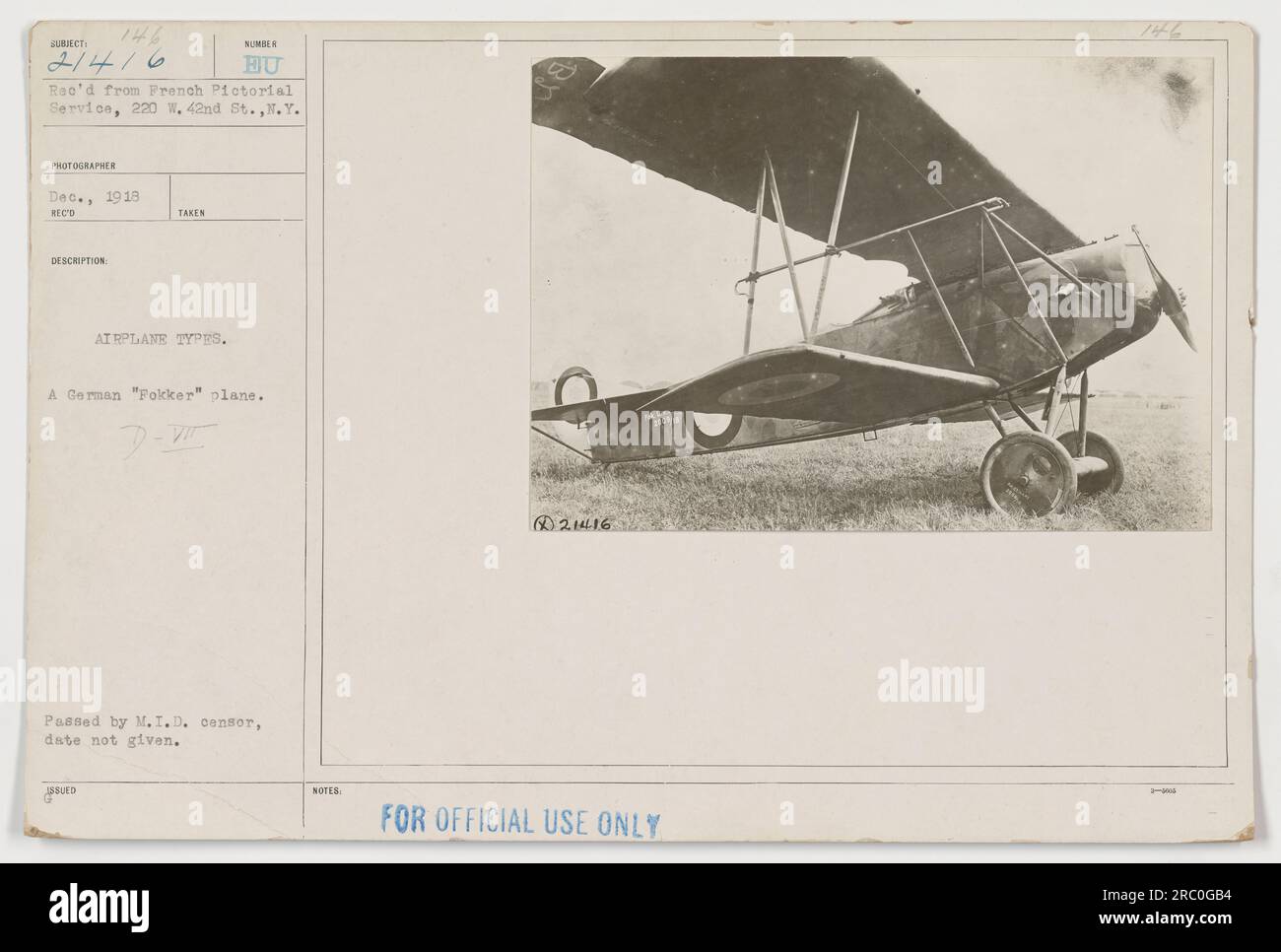 Caption: German "Fokker" airplane, specifically the D-V model, captured ...