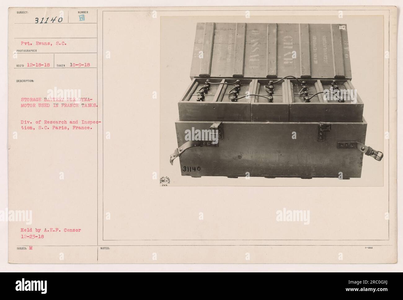 Factual caption: "Storage Battery for Dynamotor Used in French Tanks ...