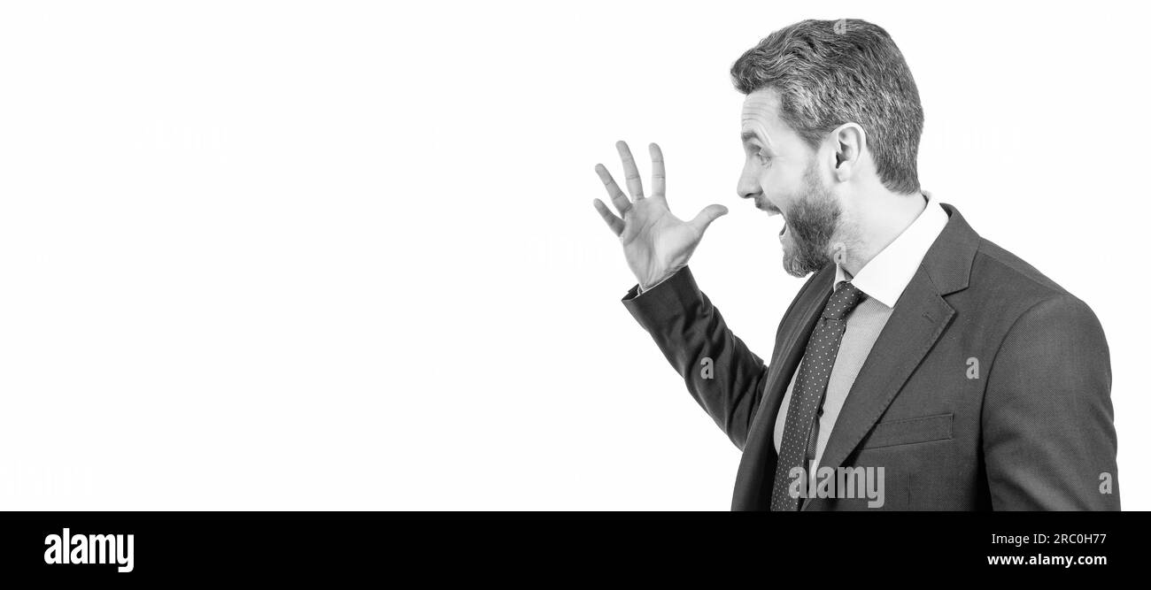 Fury boss man in formal suit yell gesticulating half-turn isolated on ...