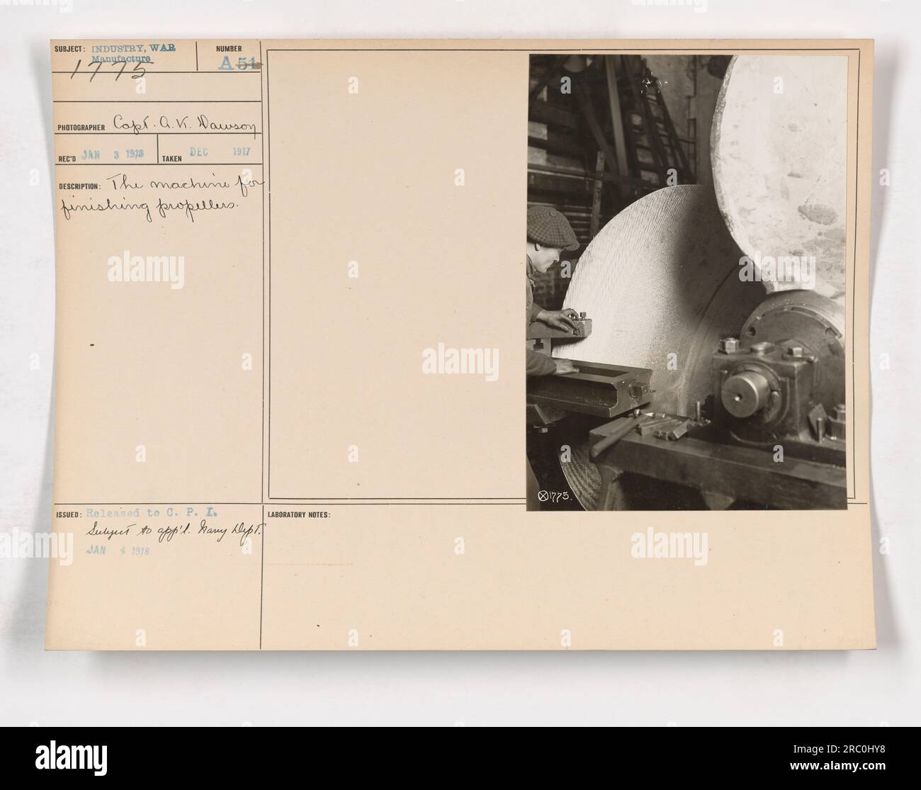 A machine used for finishing propellers during World War I. The image ...
