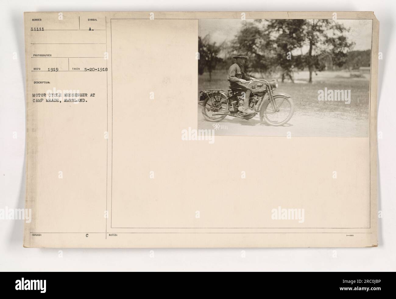 A motor cycle messenger at Camp Meade, Maryland in 1918. The photograph ...