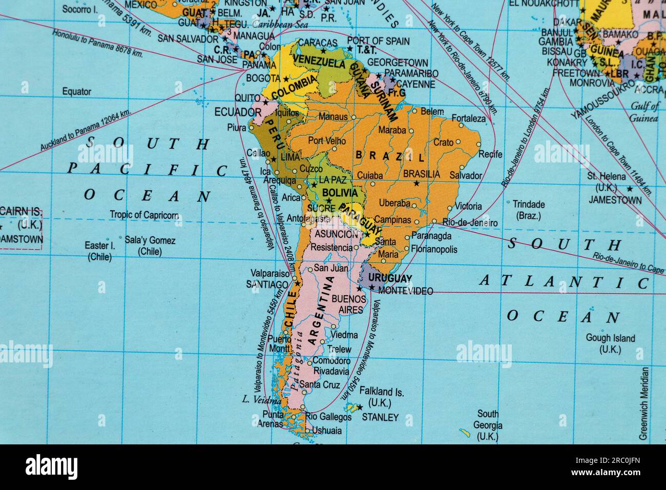 world map with south american continent, countries and oceans Stock ...