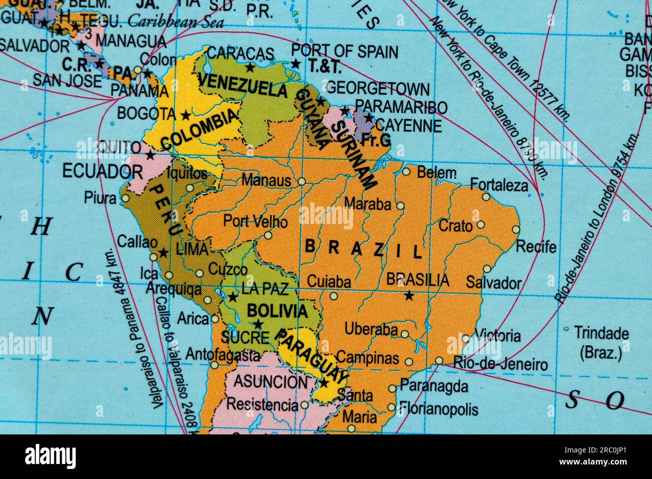 world map with south american continent, countries and oceans Stock ...
