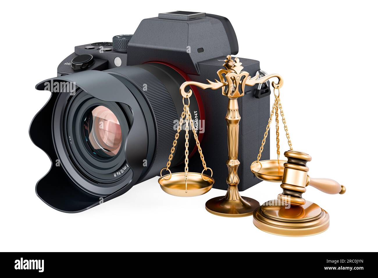 Digital camera with wooden gavel and scales of justice. 3D rendering ...