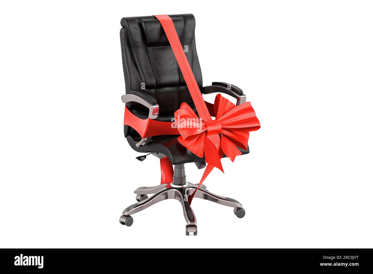 Office chair with red ribbon and bow, present concept. 3D rendering ...