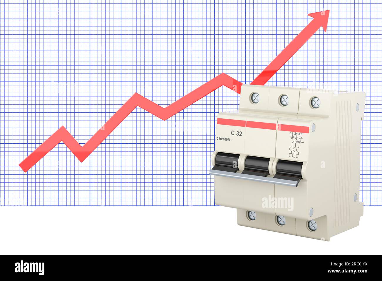 Circuit breaker with growing chart, 3D rendering isolated on white ...