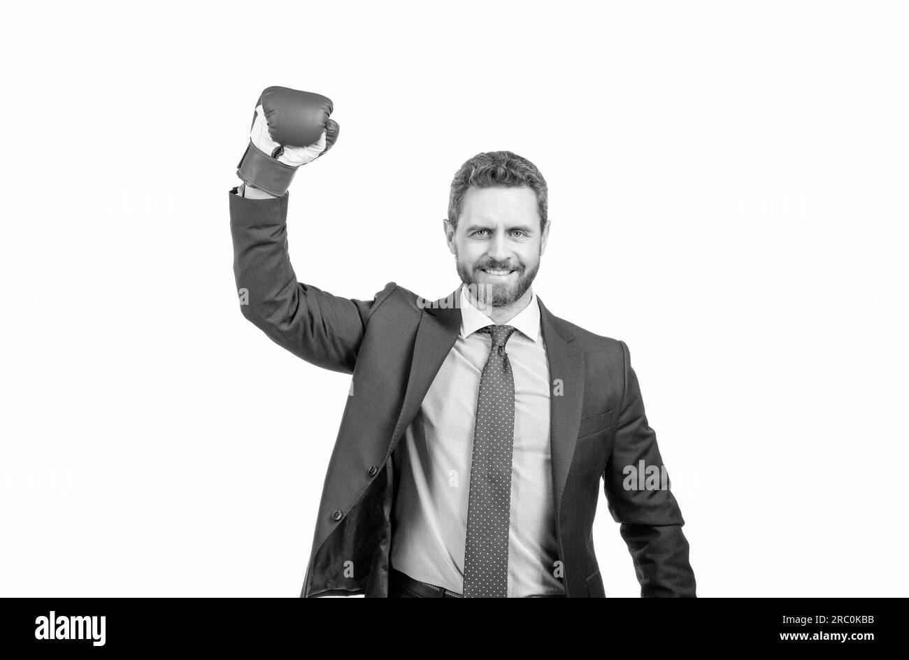 Create success from strength. Happy boss keep boxing glove raised ...