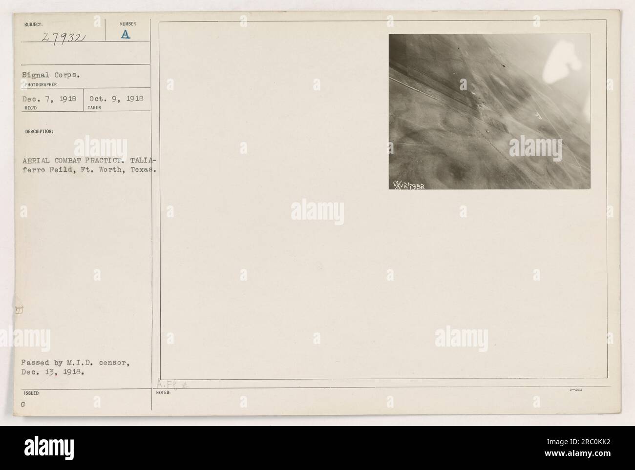 Image taken on October 9, 1918, at Taliaferro Field in Ft. Worth, Texas. It shows aerial combat ...
