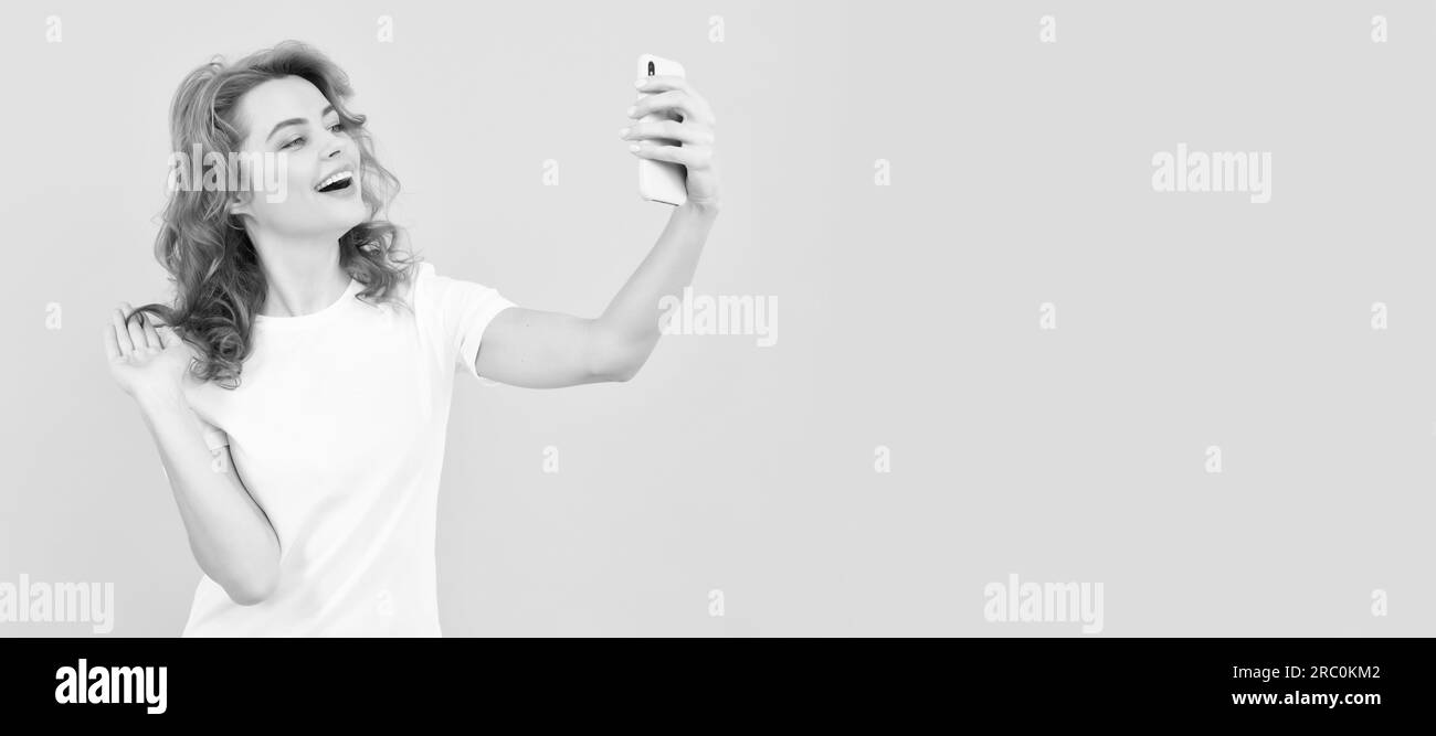 Smile girl blogger. Happy woman take selfie with smartphone. Selfie ...