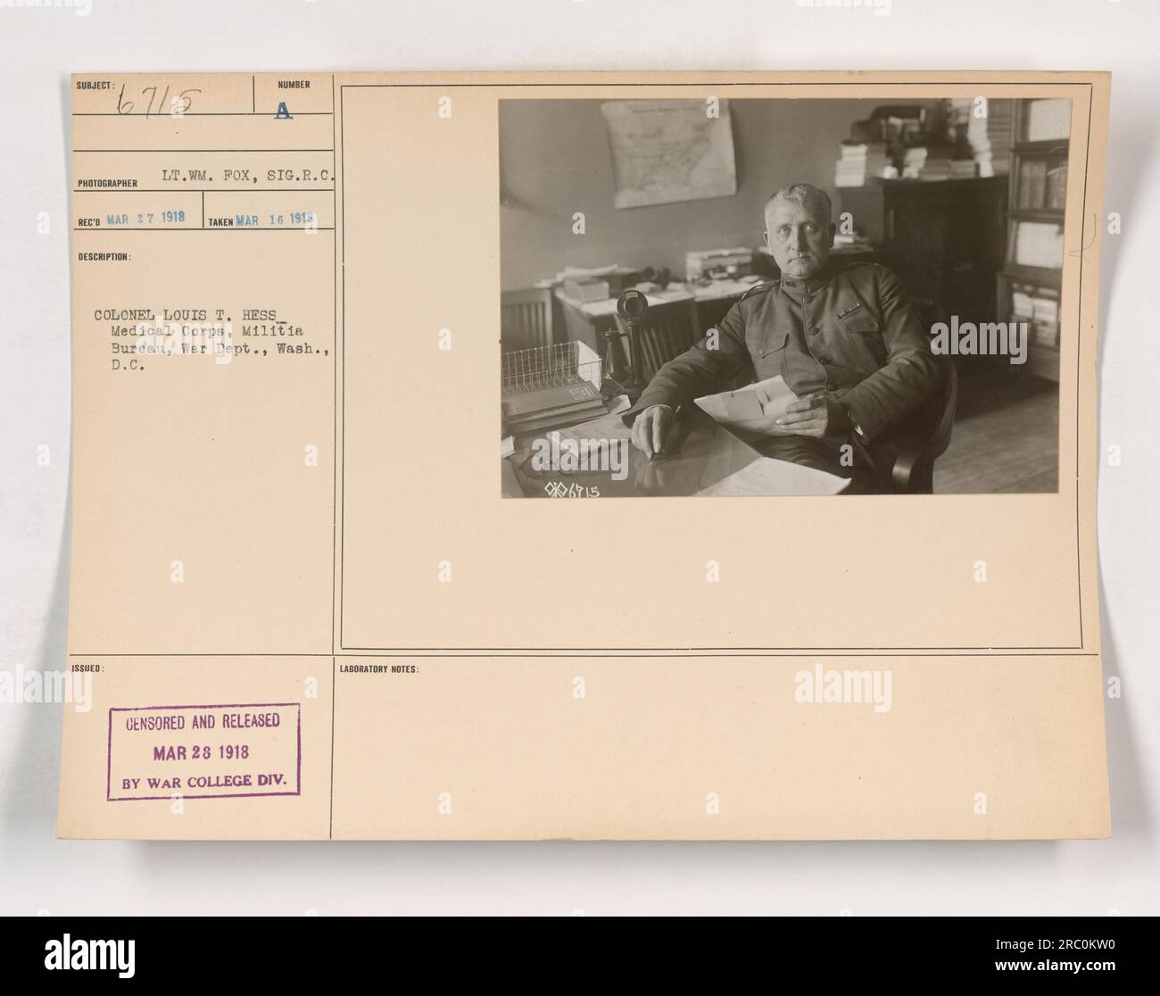 Colonel Louis T. Hess, a member of the Medical Corps, Militia Bureau at ...