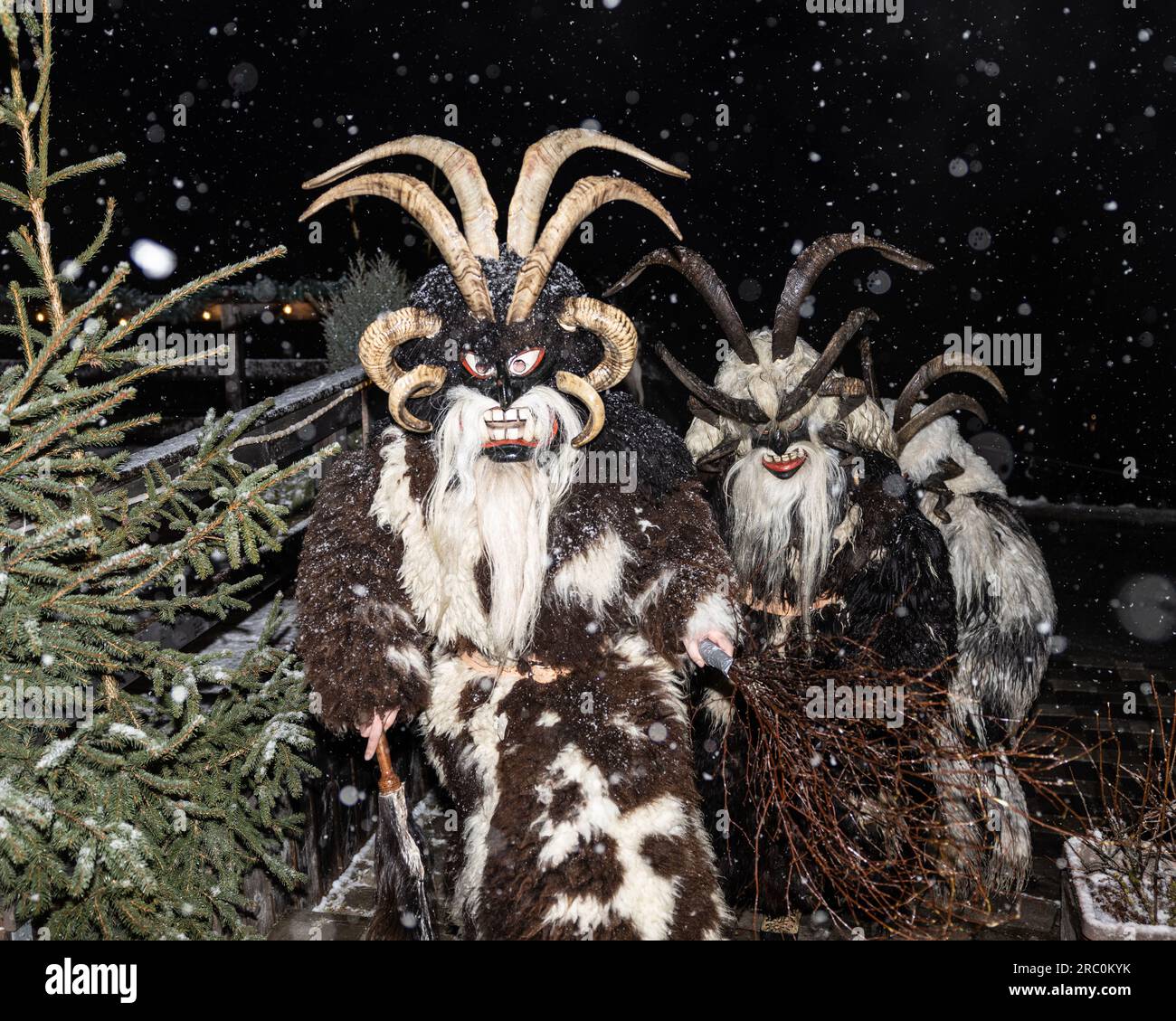 Christmas krampus procession on a snowy December night, Austria ...