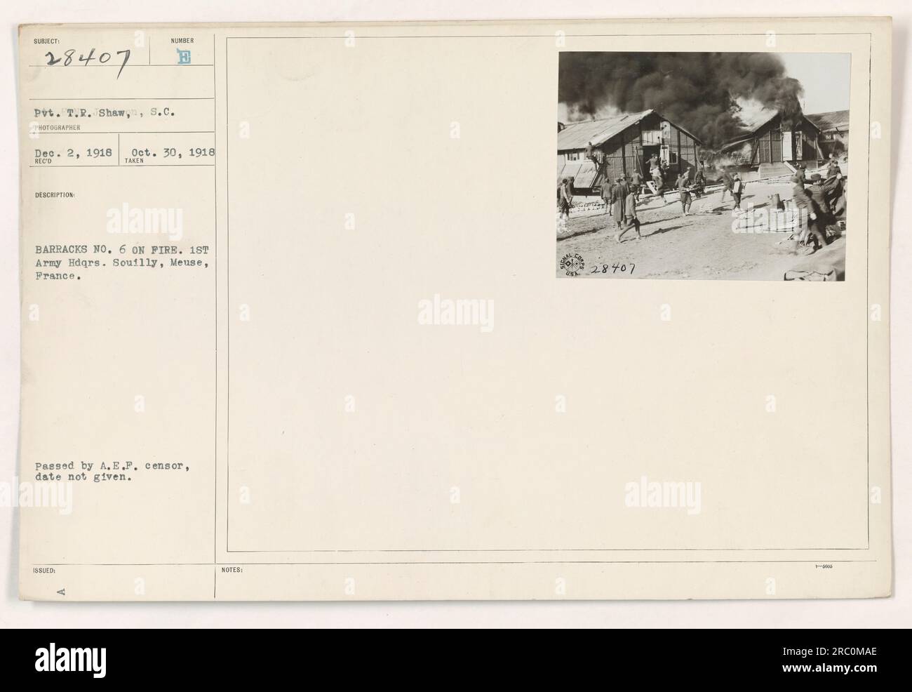Burning Barracks No. 6 at 1st Army Hdqrs in Souilly, Meuse, France ...