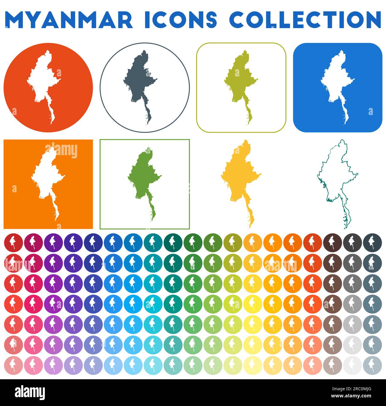 Myanmar icons collection. Bright colorful trendy map icons. Modern Myanmar badge with country ...