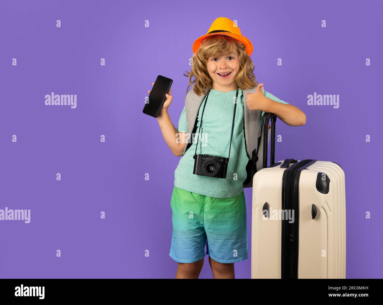 Kid on travel, isolated studio portrait. Child travel and adventure ...