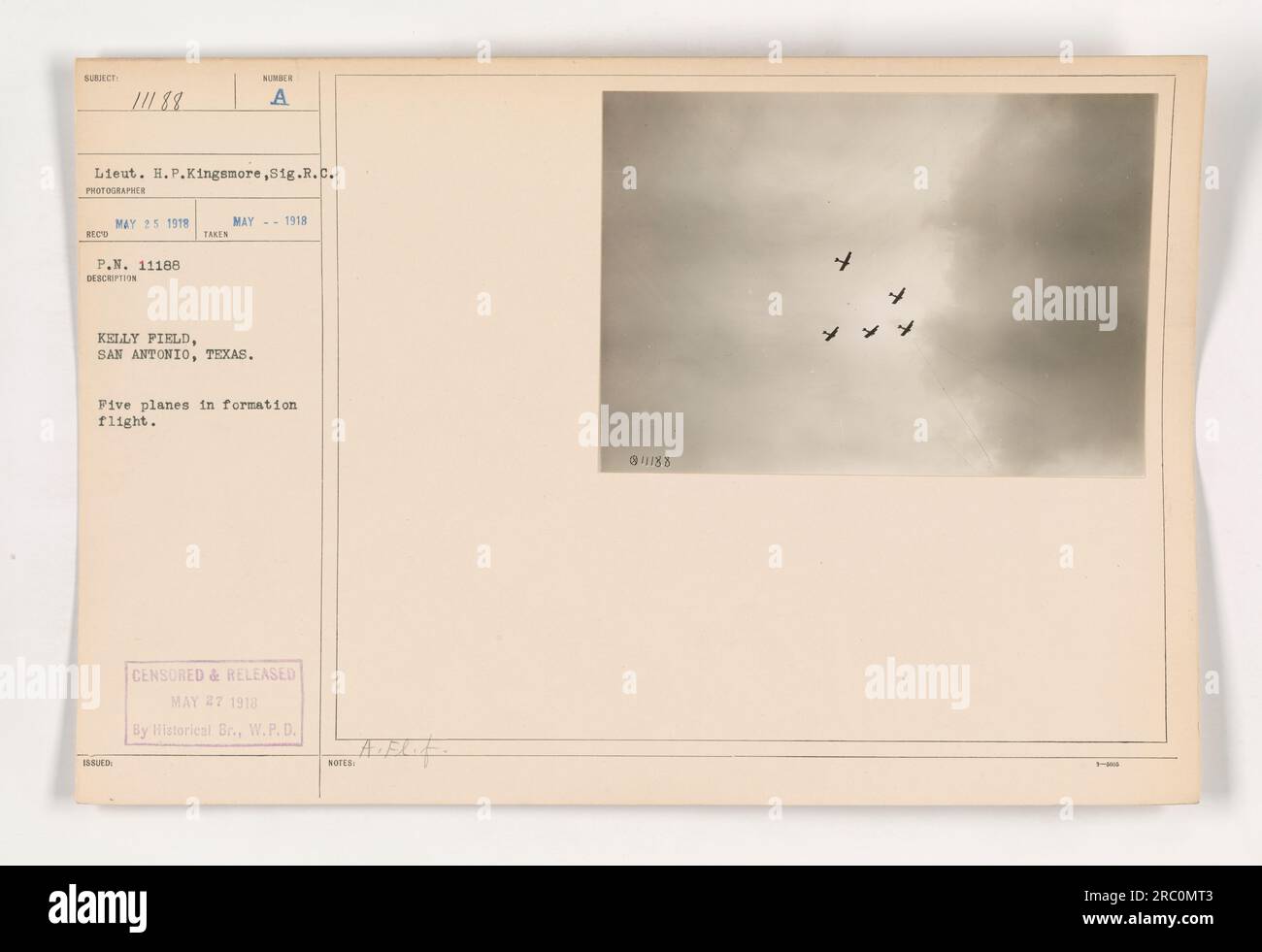 Formation flight of five planes over Kelly Field, San Antonio, Texas in ...