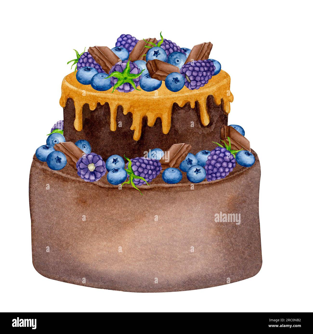 Creamy caramel cake decorated with berries. Watercolor holiday clipart ...