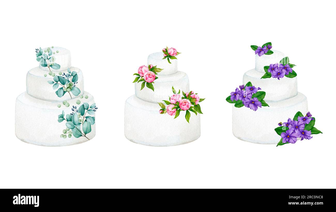 A set of birthday cakes decorated with flowers. Wedding, birthday ...