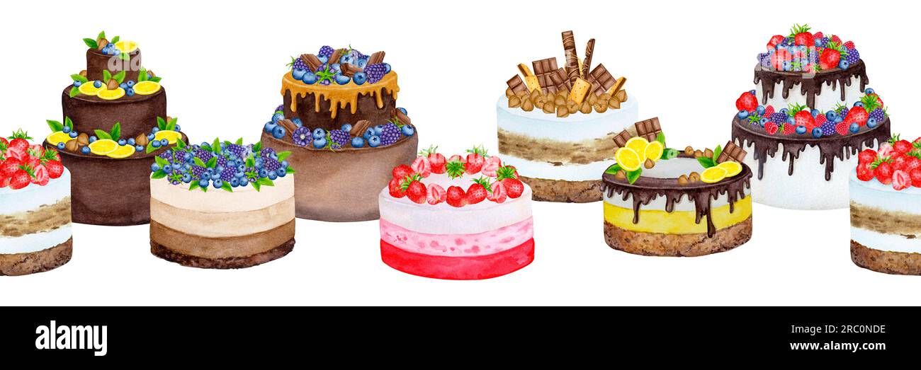 Seamless border of birthday cakes decorated with berries and fruits and ...