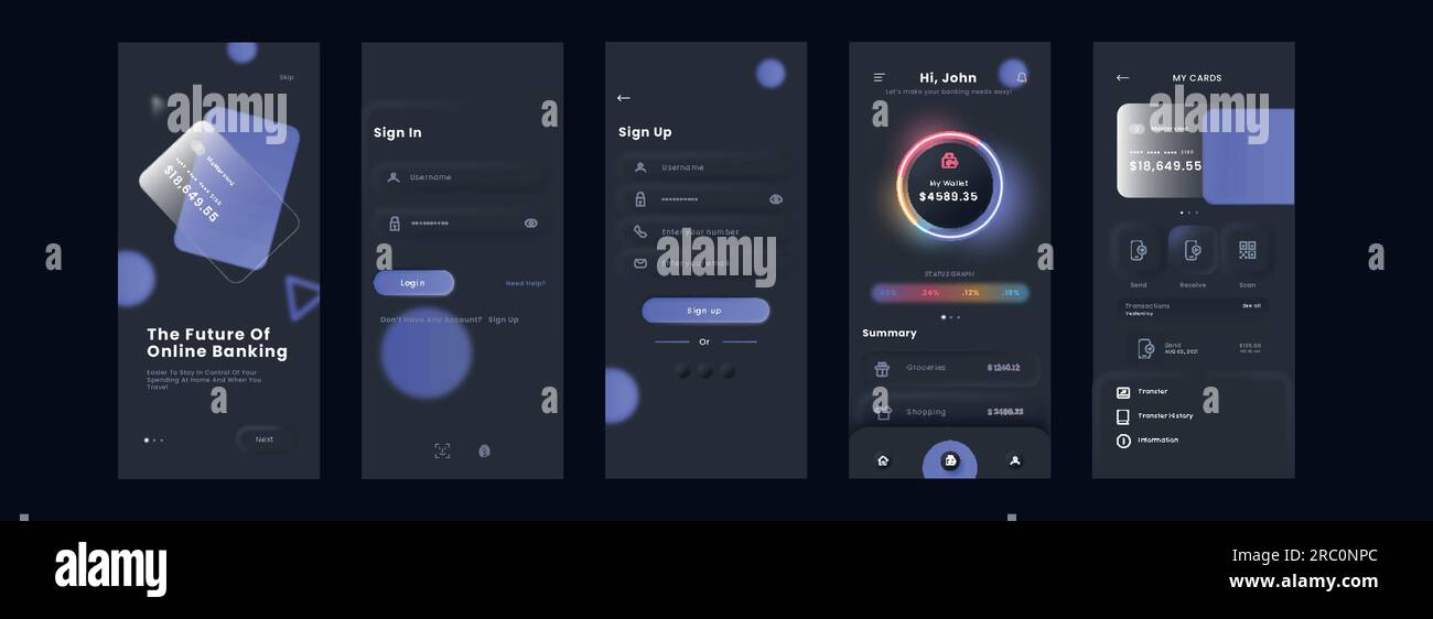 Online Banking Mobile App UI, UX, GUI Screens Template Layout In Black ...