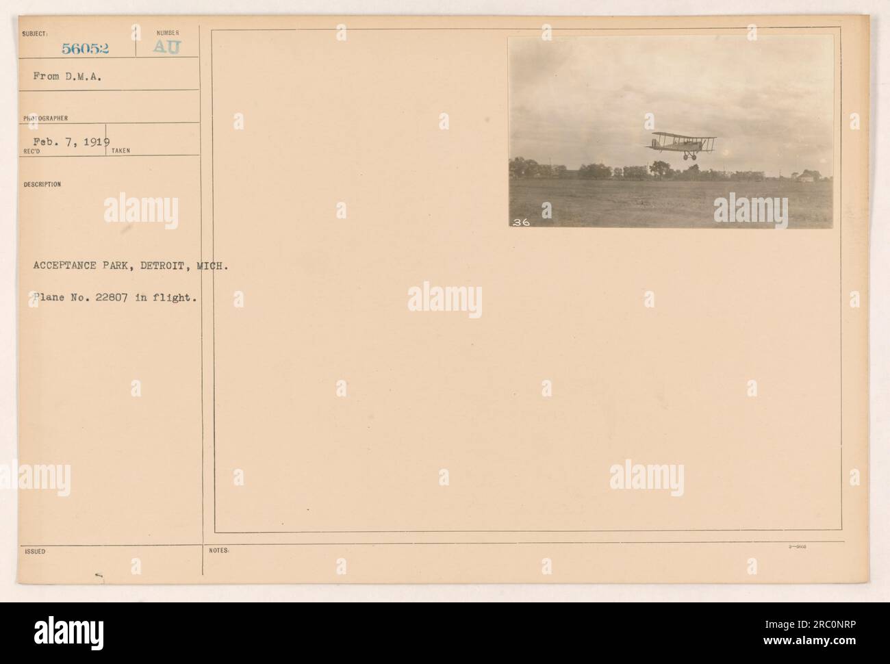 A photograph taken on February 7, 1919, of Plane No. 22807 in flight at ...
