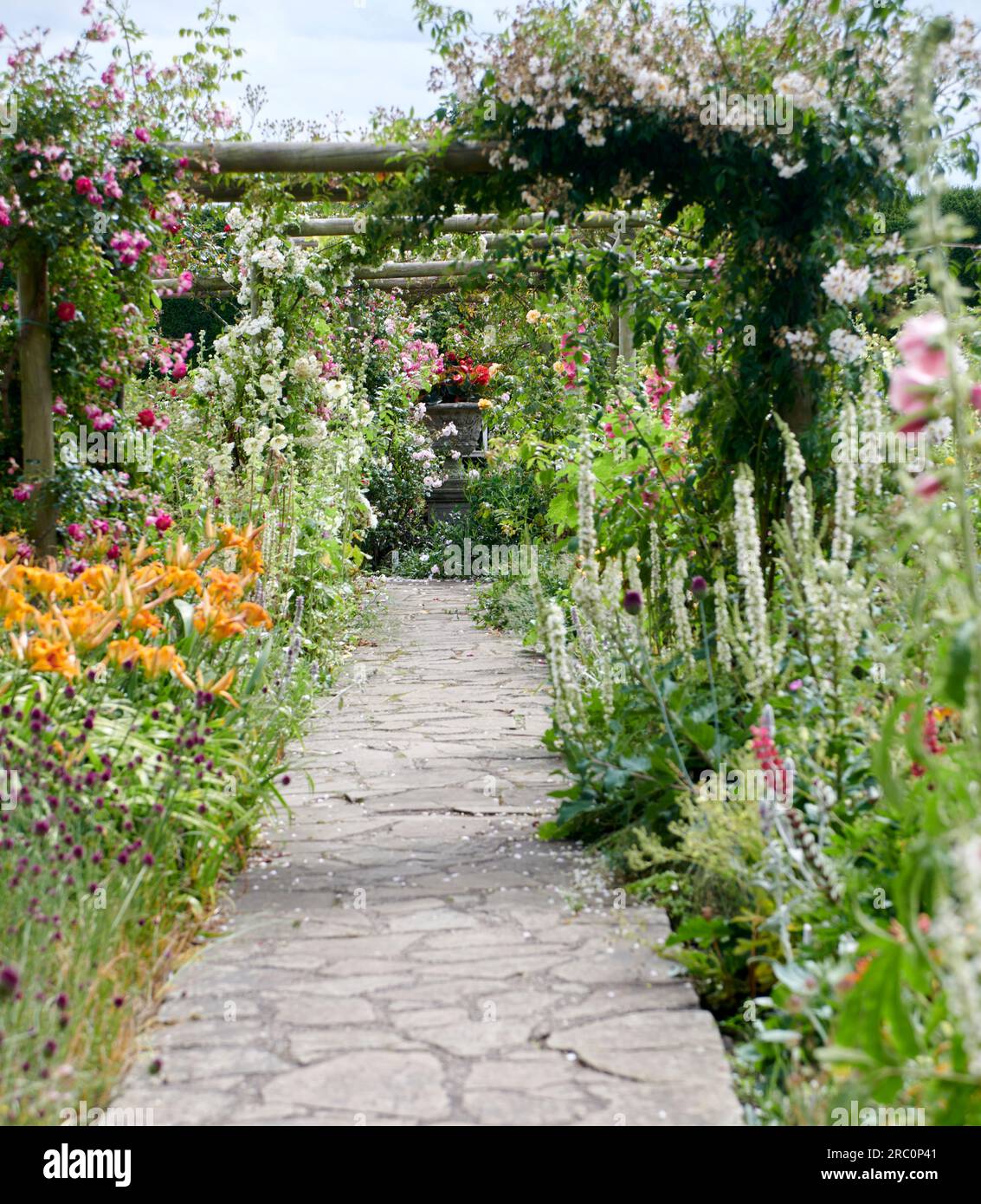 English cottage garden with a climbing rose arch and borders full of ...