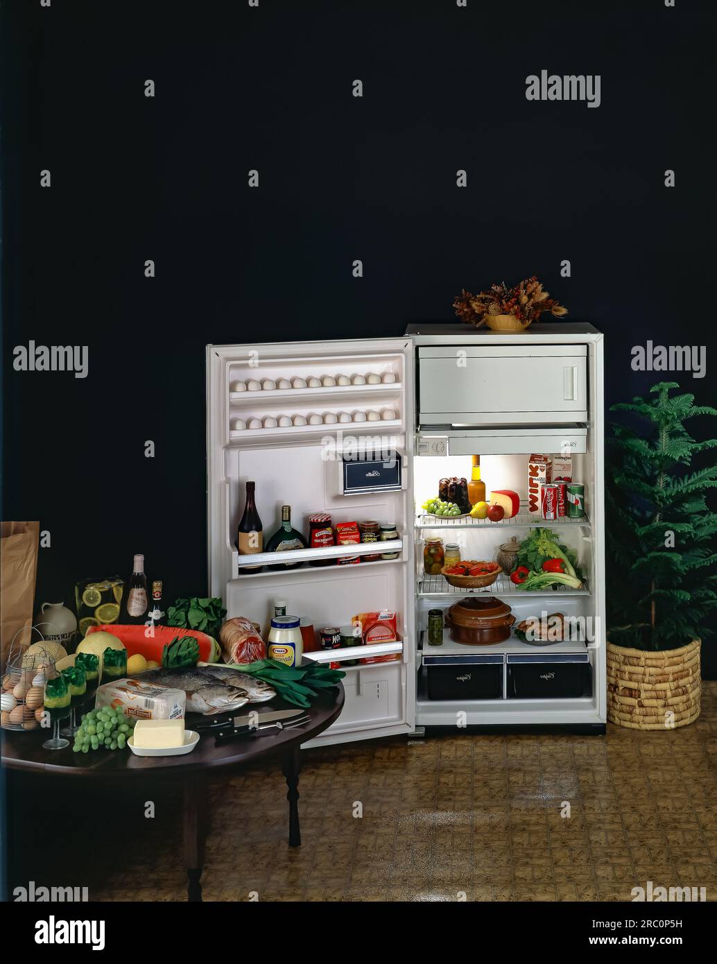 PHILCO refrigerator, retro 1970s. doors open stpcked with assorted ...