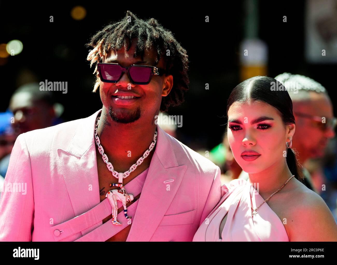 Atlanta Braves' Ronald Acuña Jr. walks with fiancee Maria Laborde ...