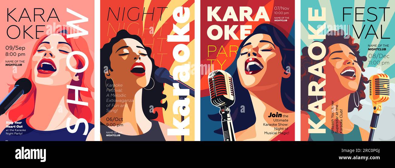 Karaoke party show poster set. Music night club festival drawing art ...