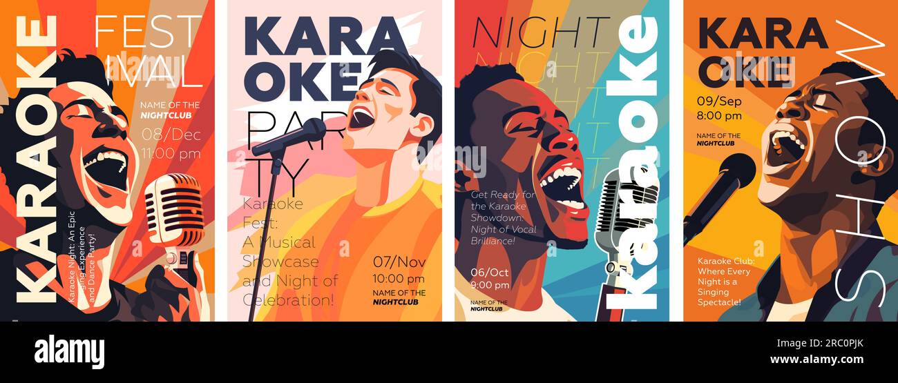 Karaoke party show poster set. Music night club festival drawing art ...