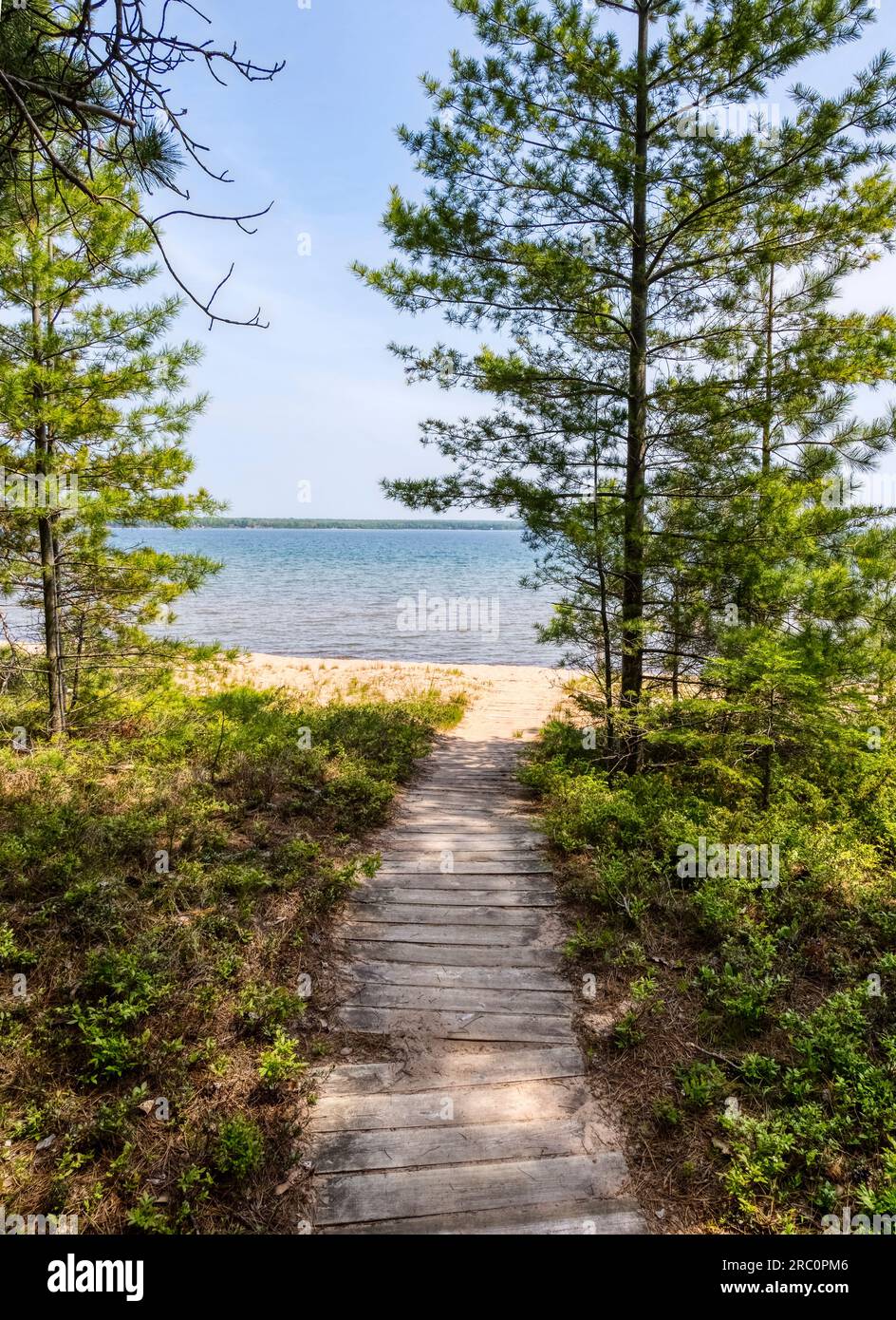 Boardwalk to the beach in Big Bay State Park on Lake Superior on ...
