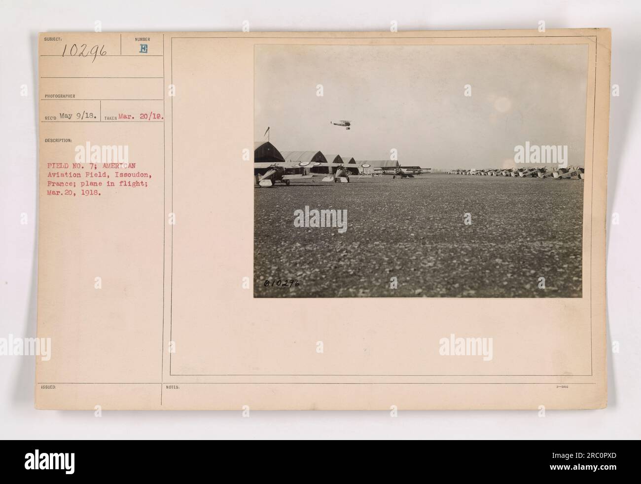 An American plane in flight at Field No. 7, the American Aviation Field in Issoudun, France ...