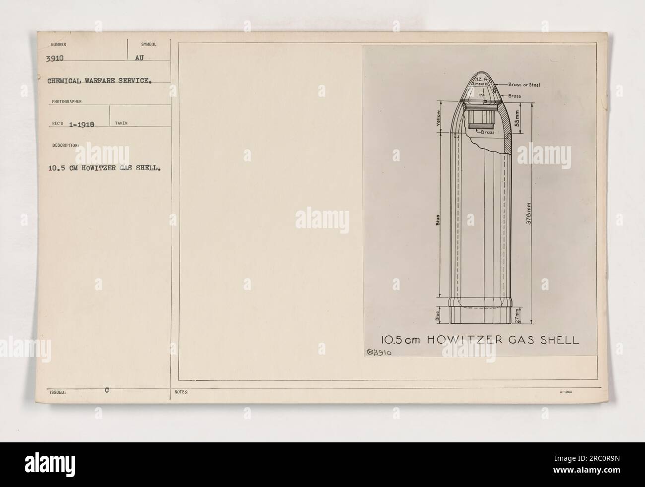 A photograph depicting a 10.5 cm howitzer gas shell used by the ...