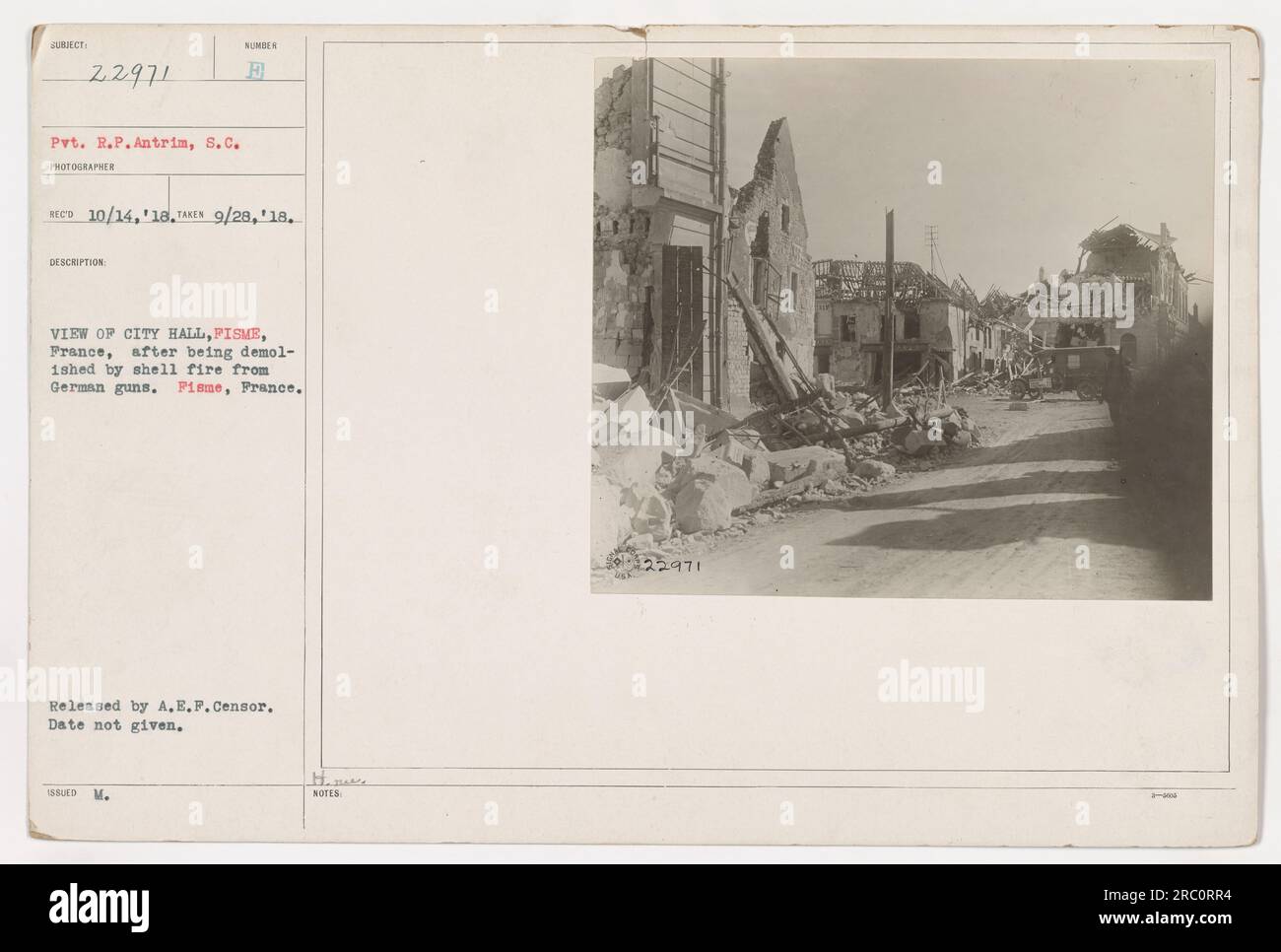 Number E view of City Hall in Fisme, France, showing the destruction ...