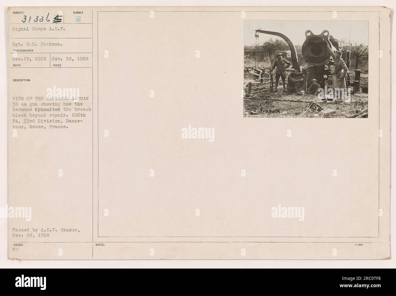 View of a captured German 38 cm gun that was destroyed by the Germans ...