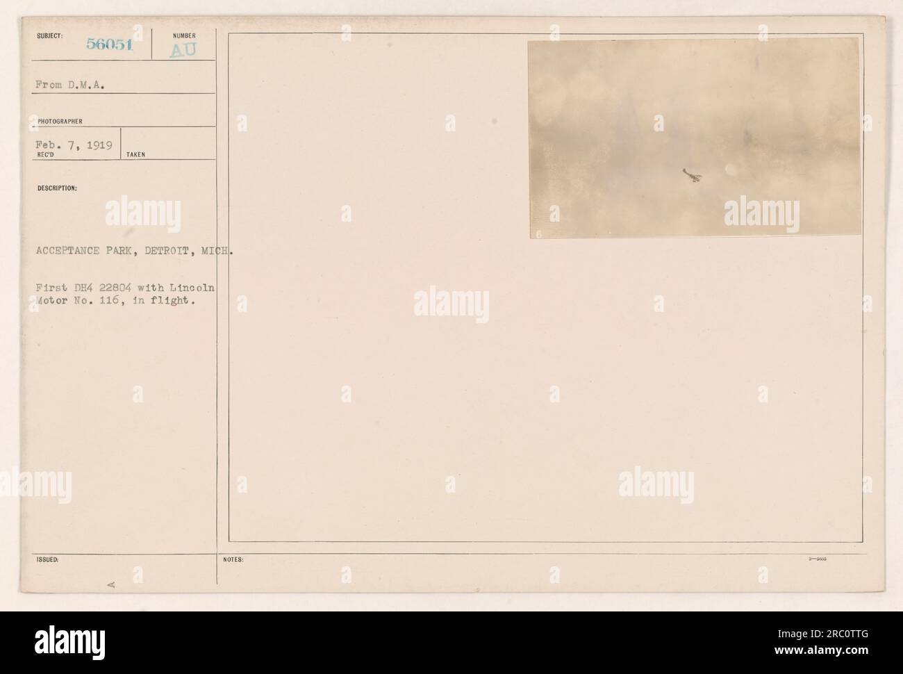 A DH4 aircraft with registration number 22804 and Lincoln Motor No. 116 ...