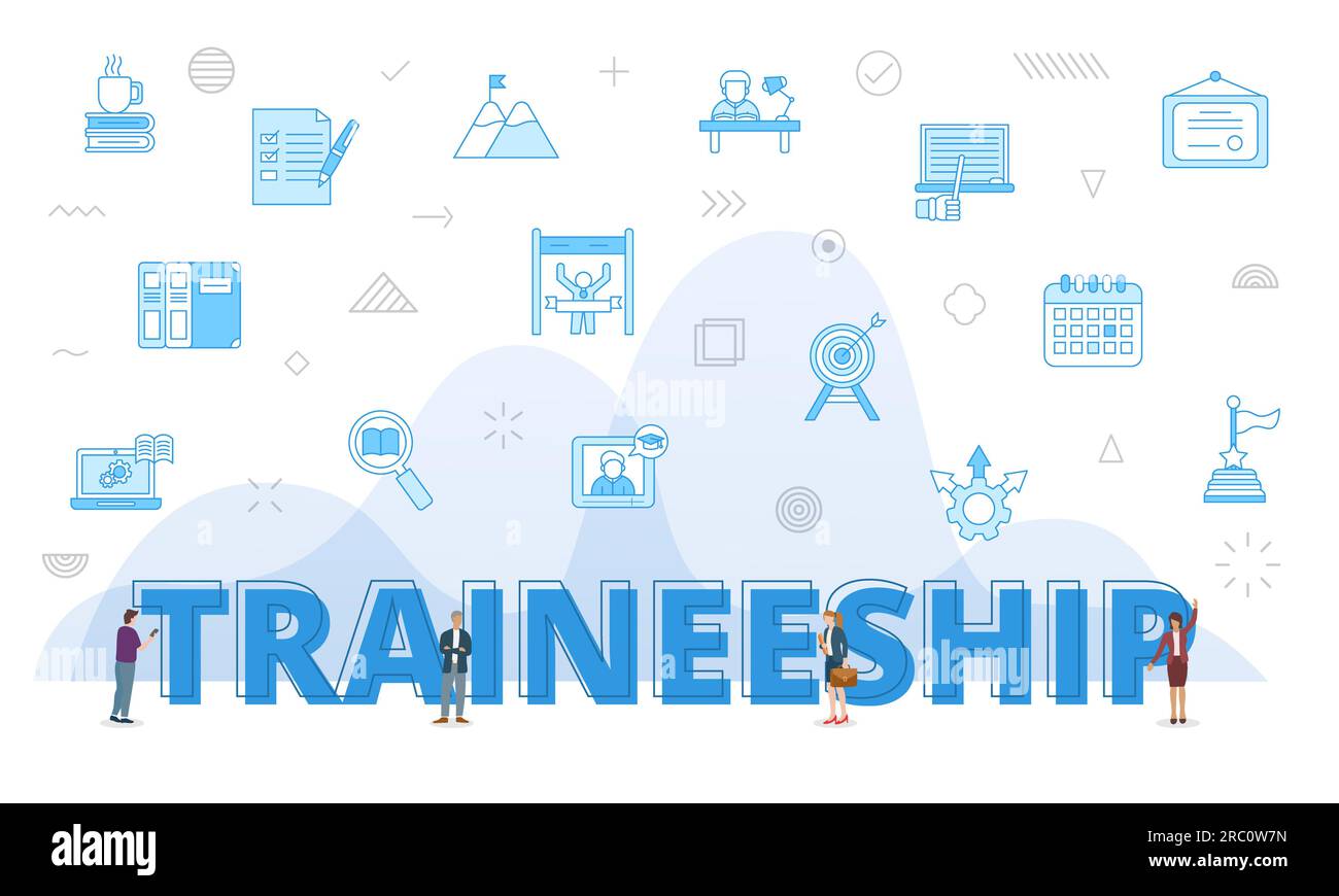traineeship concept with big words and people surrounded by related icon with blue color style ...