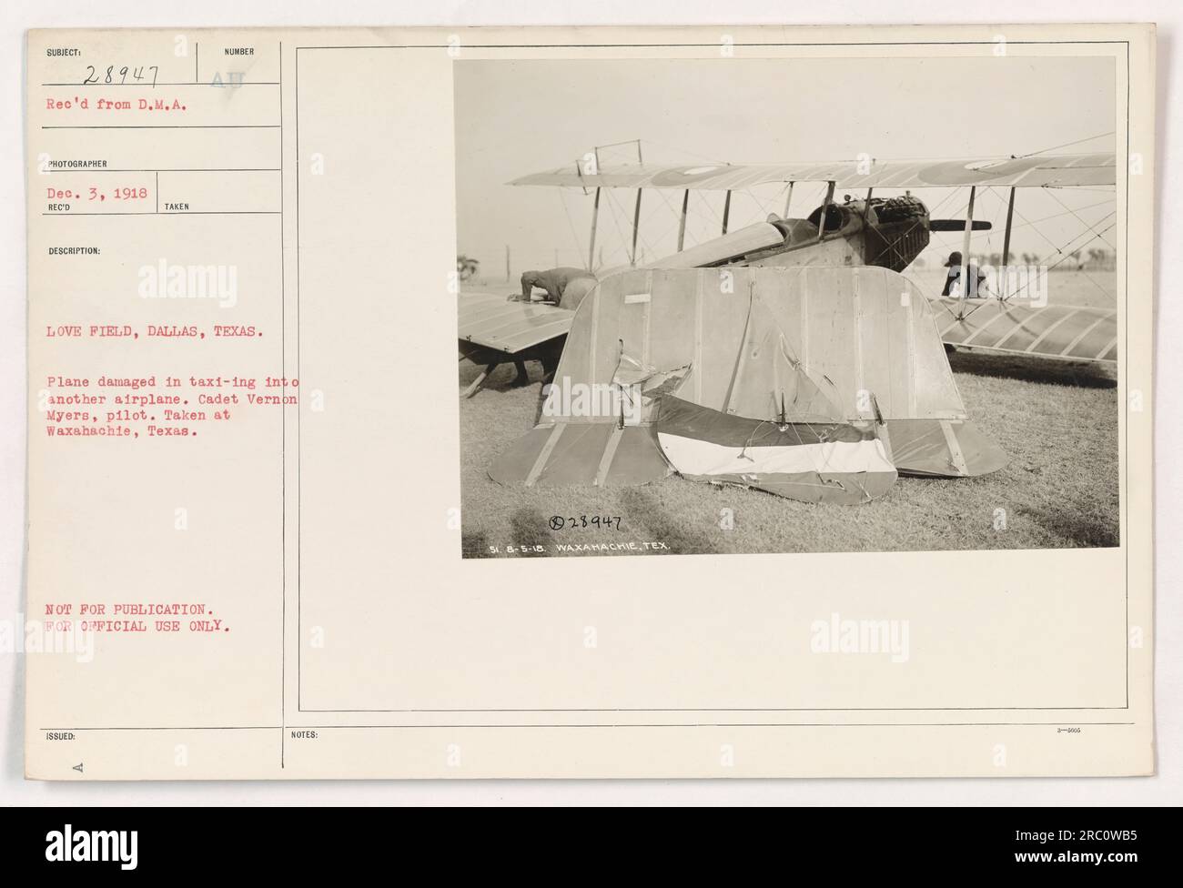 Cadet Vernon Myers' damaged plane at Love Field in Dallas, Texas. The ...
