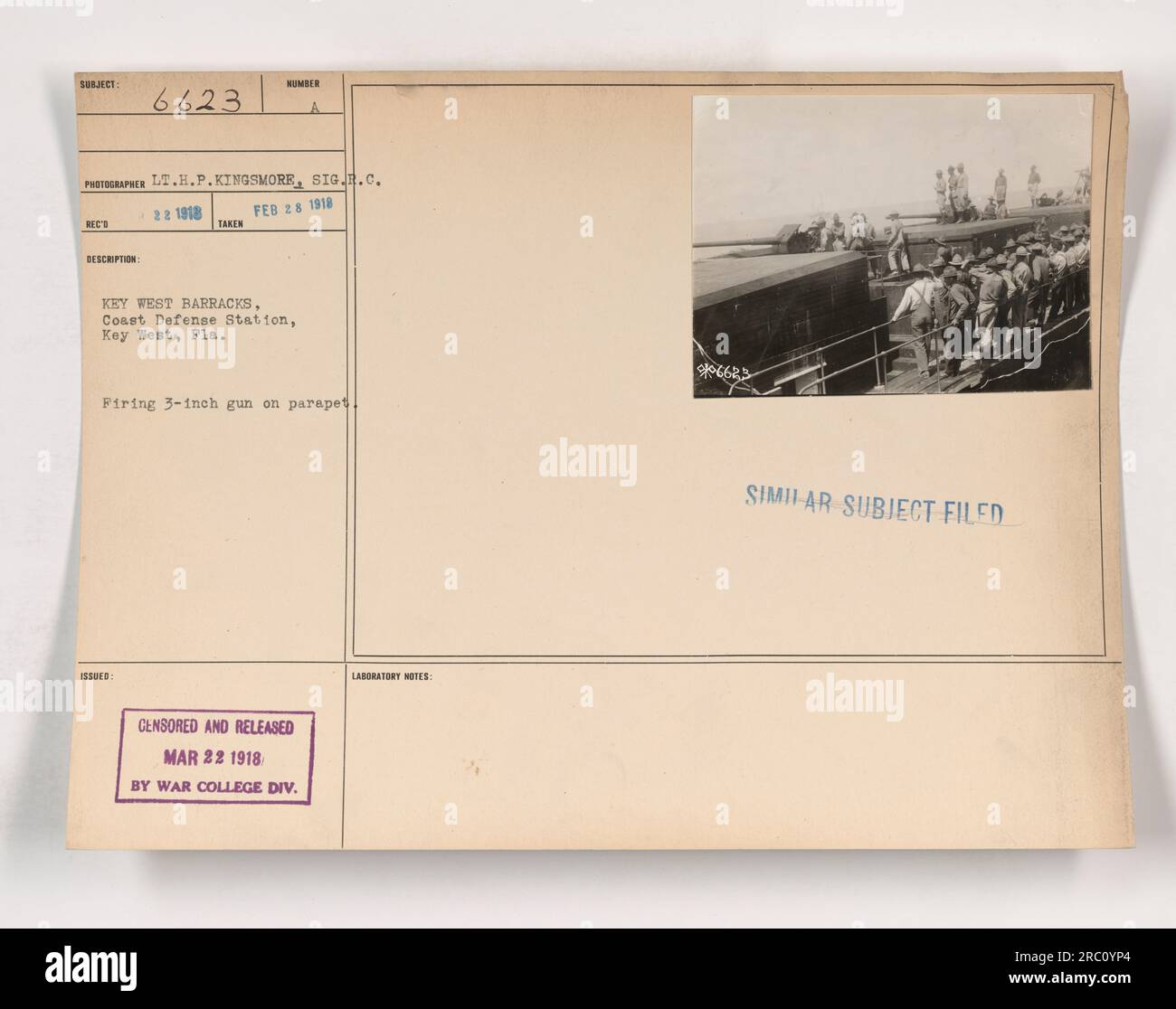Image of soldiers firing a 3-inch gun on a parapet at Key West Barracks ...
